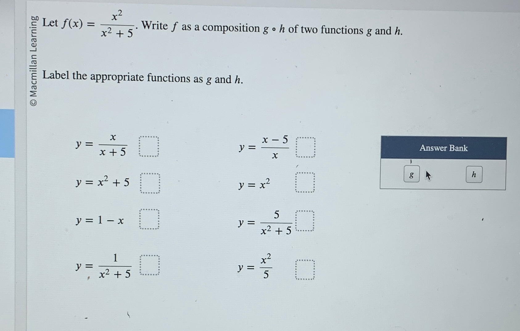 Solved Let f(x)=x2x2+5. ﻿Write f ﻿as a composition g@h ﻿of | Chegg.com
