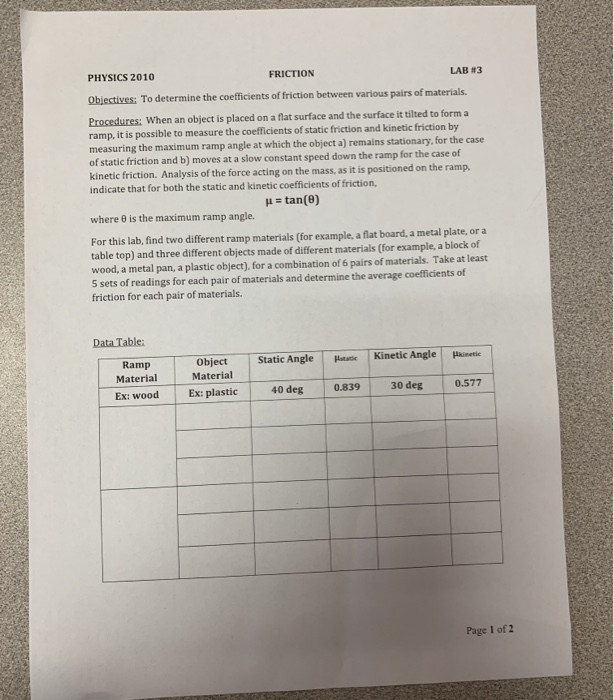 Solved PHYSICS 2010 FRICTION LAB #3 Objectives: To determine | Chegg.com