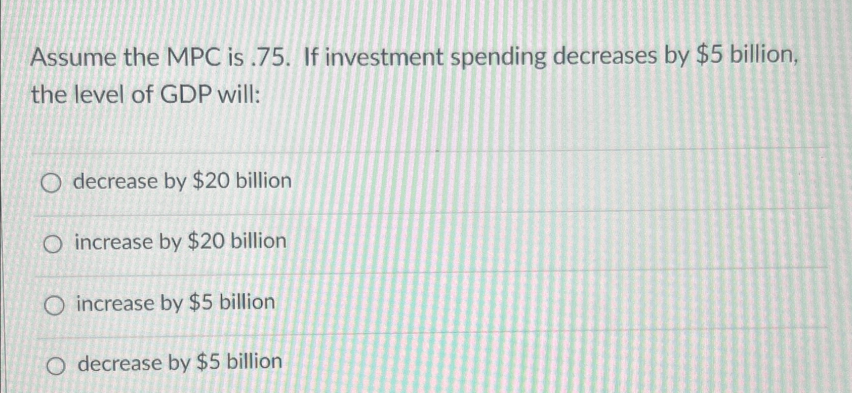 Solved Assume the MPC is .75. ﻿If investment spending | Chegg.com