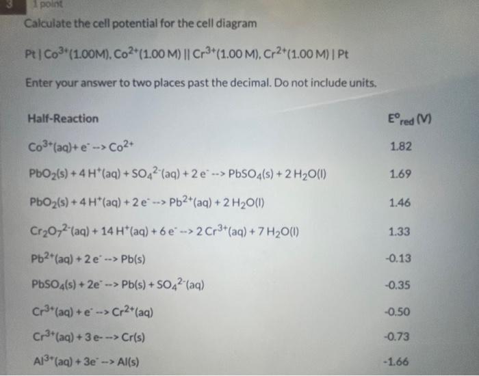 Solved Calculate the cell potential for the cell diagram | Chegg.com