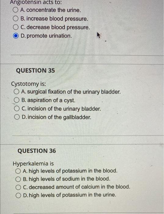 Solved Angiotensin acts to: O A. concentrate the urine. B. | Chegg.com