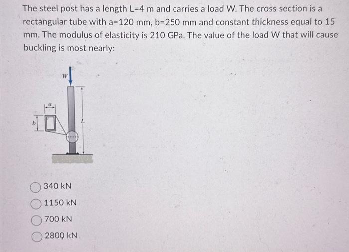 Solved The steel post has a length L=4 m and carries a load | Chegg.com
