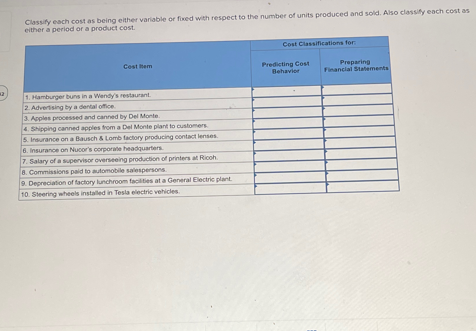 Classify each cost as being either variable or fixed | Chegg.com