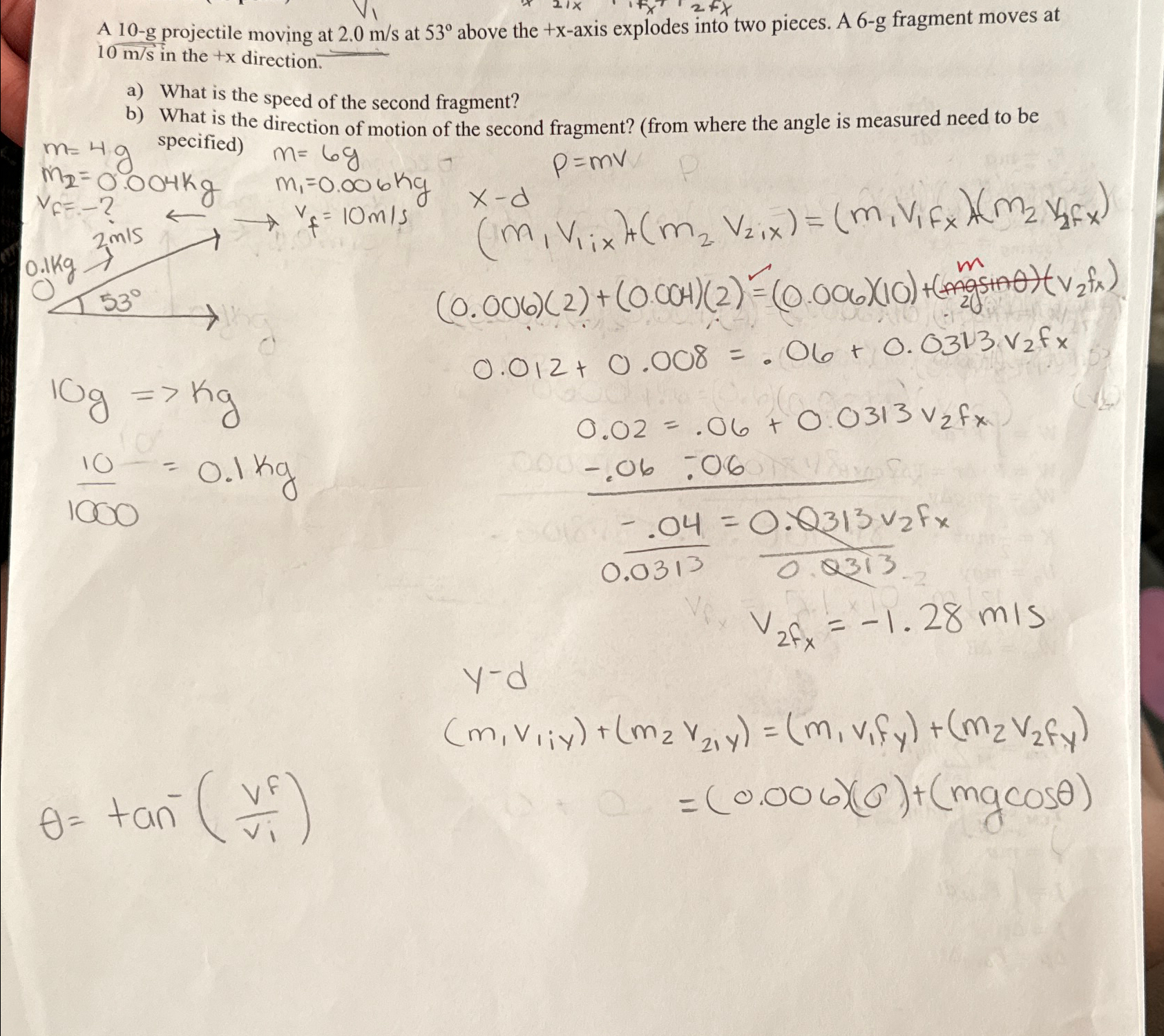 Solved A 10-g ﻿projectile moving at 2.0ms ﻿at 53° ﻿above the | Chegg.com