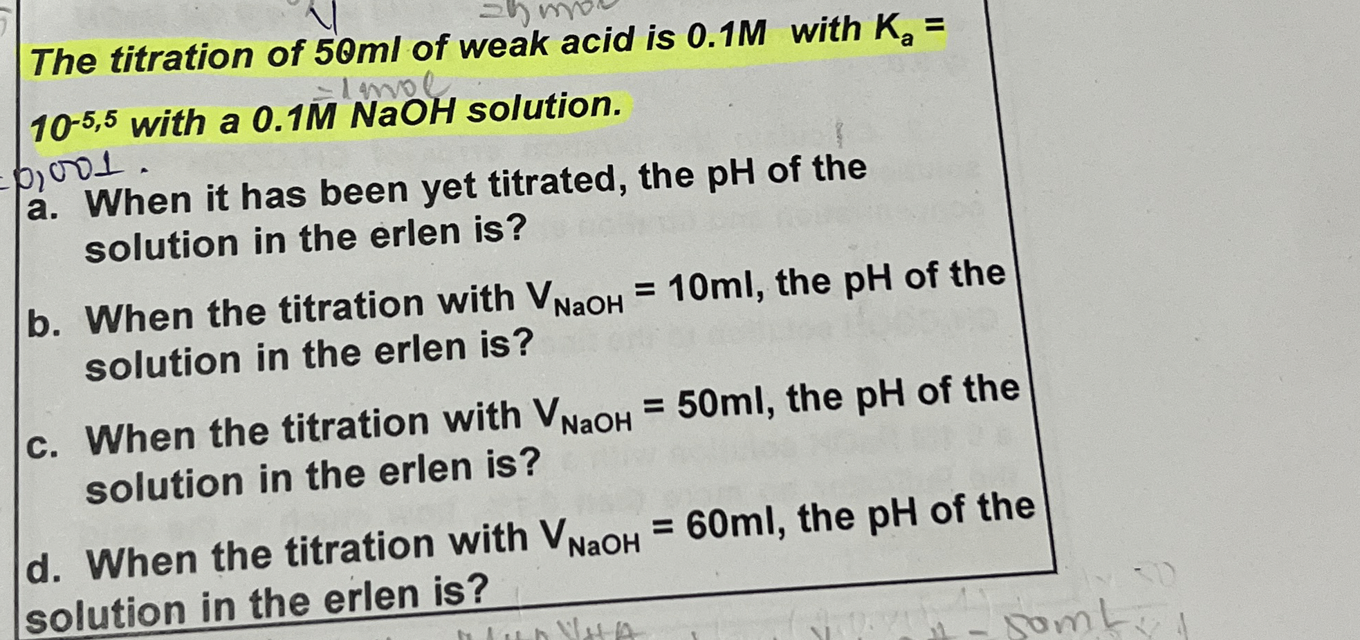 Solved The titration of 50 ﻿ml of weak acid is 0.1 ﻿M with | Chegg.com