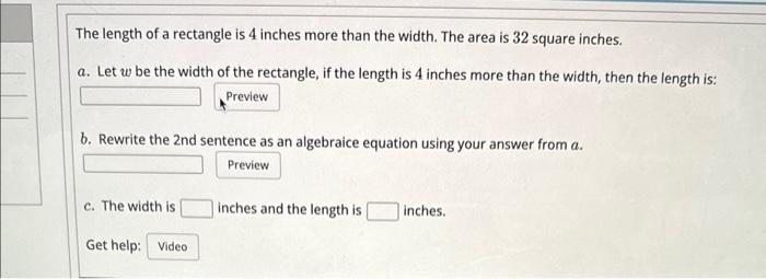 Solved The length of a rectangle is 4 inches more than the | Chegg.com
