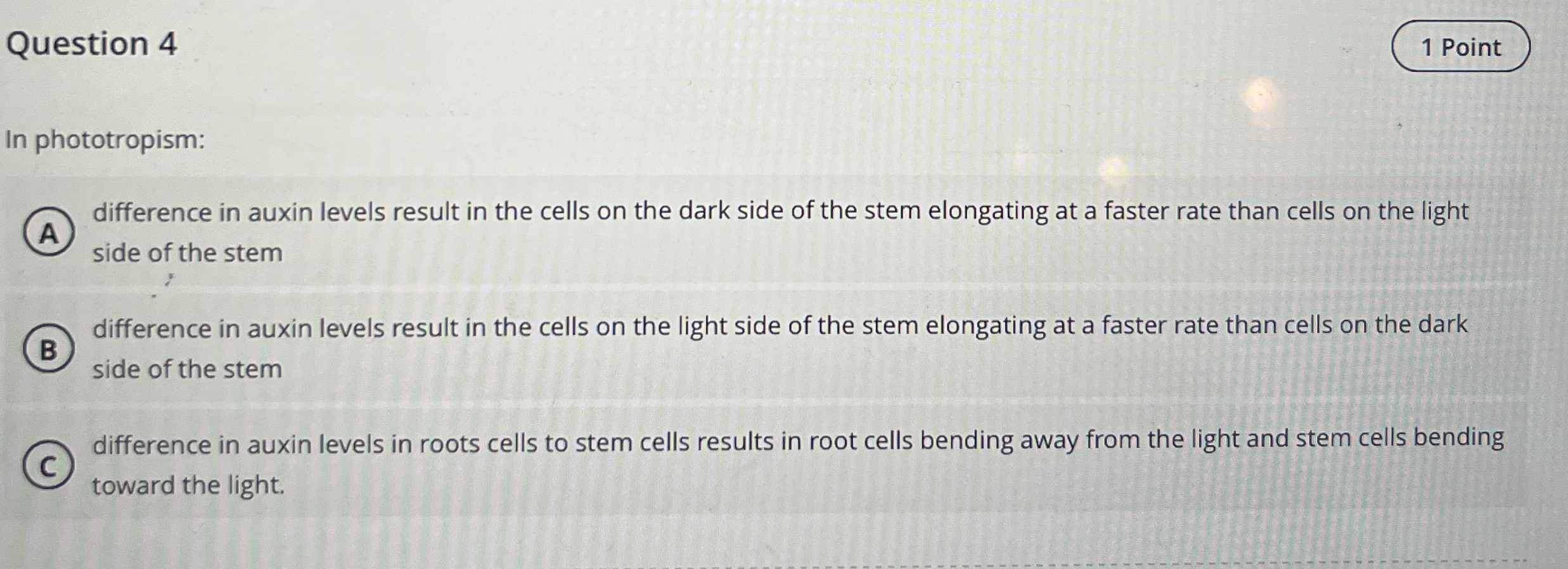 Solved Question 4In phototropism:difference in auxin levels | Chegg.com