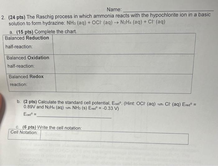 Solved Name: 2. (24 pts) The Raschig process in which | Chegg.com