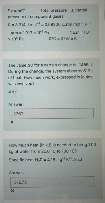 Solved PV=nRT Total pressure =Σ Partial pressure of | Chegg.com