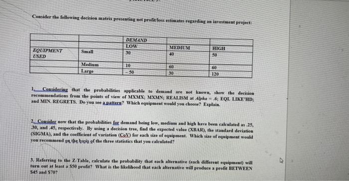 Solved Consider the following decision matrix presenting nef | Chegg.com