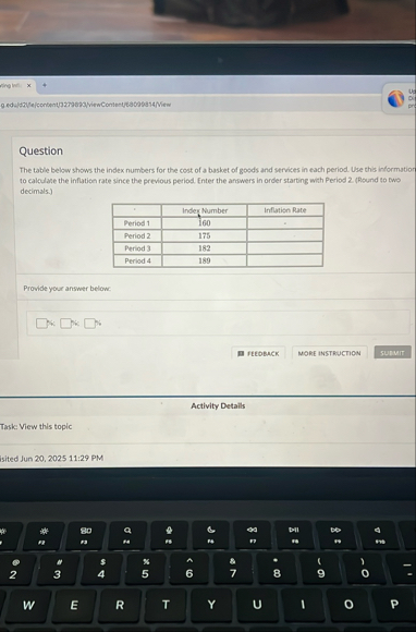 Solved QuestionThe table below shows the index numbers for | Chegg.com