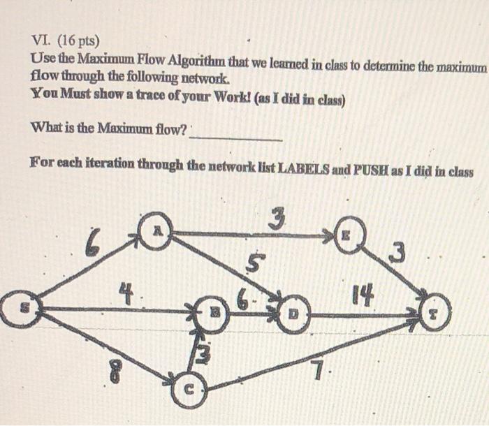 Solved VI. (16 pts) Use the Maximum Flow Algorithm that we | Chegg.com