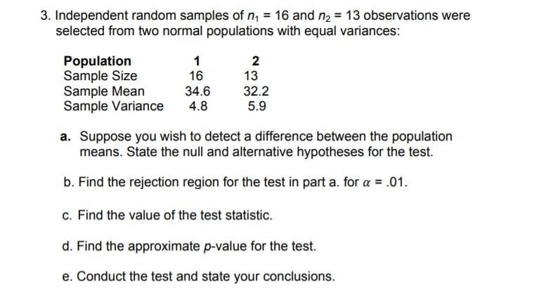 Solved 3. Independent random samples of n = 16 and n2 = 13 | Chegg.com