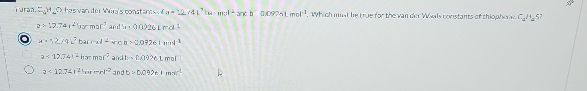 Solved Furan, C4H4O, ﻿has van der Waals constants of | Chegg.com