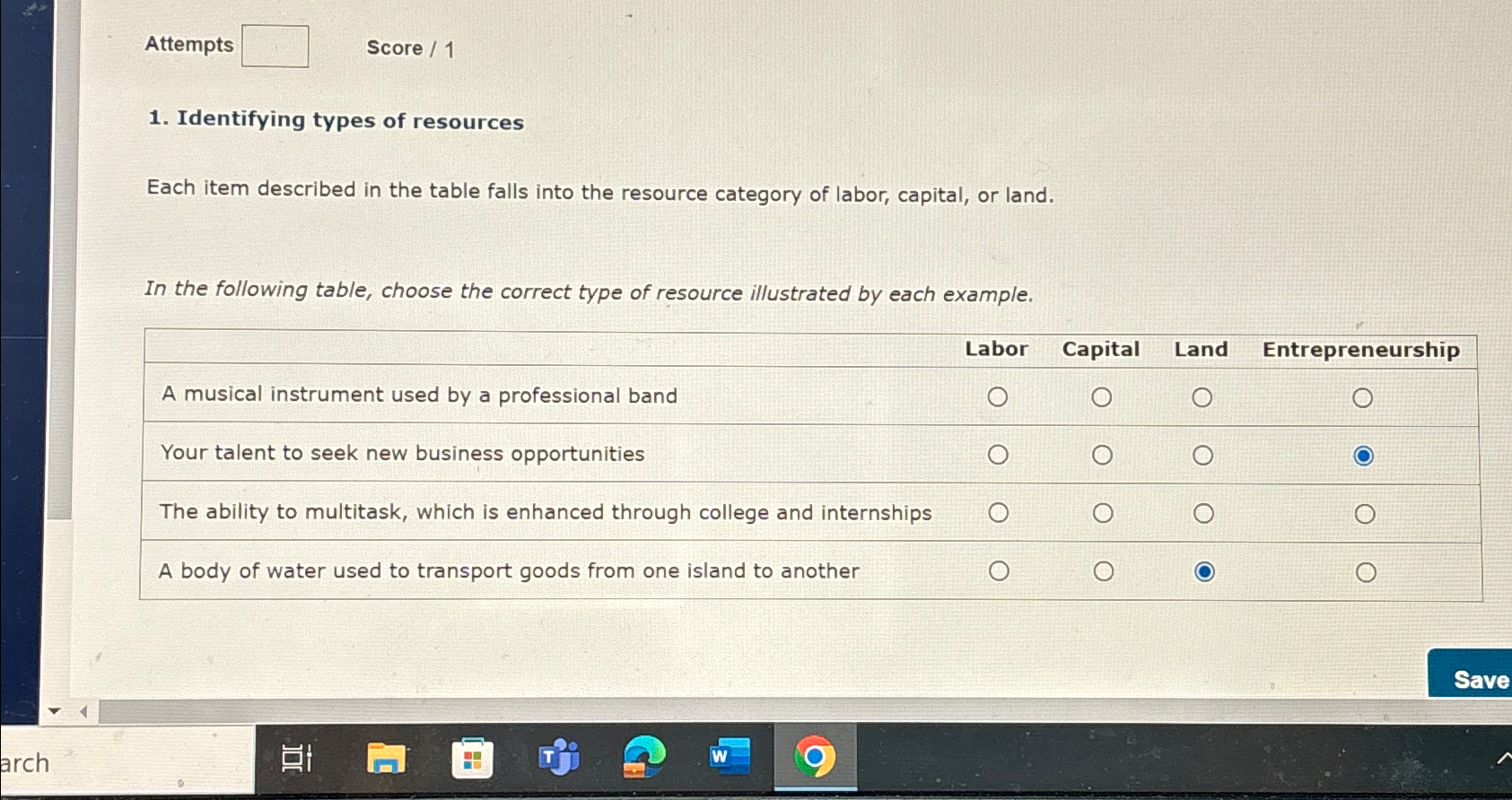 Solved AttemptsScore / 1Identifying types of resourcesEach | Chegg.com