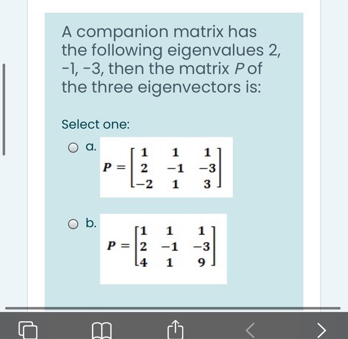 Solved A companion matrix has the following eigenvalues 2, | Chegg.com