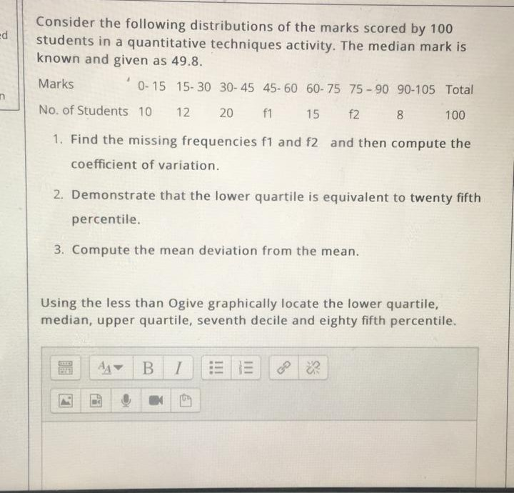 Solved Consider the following scores marks of students in a | Chegg.com