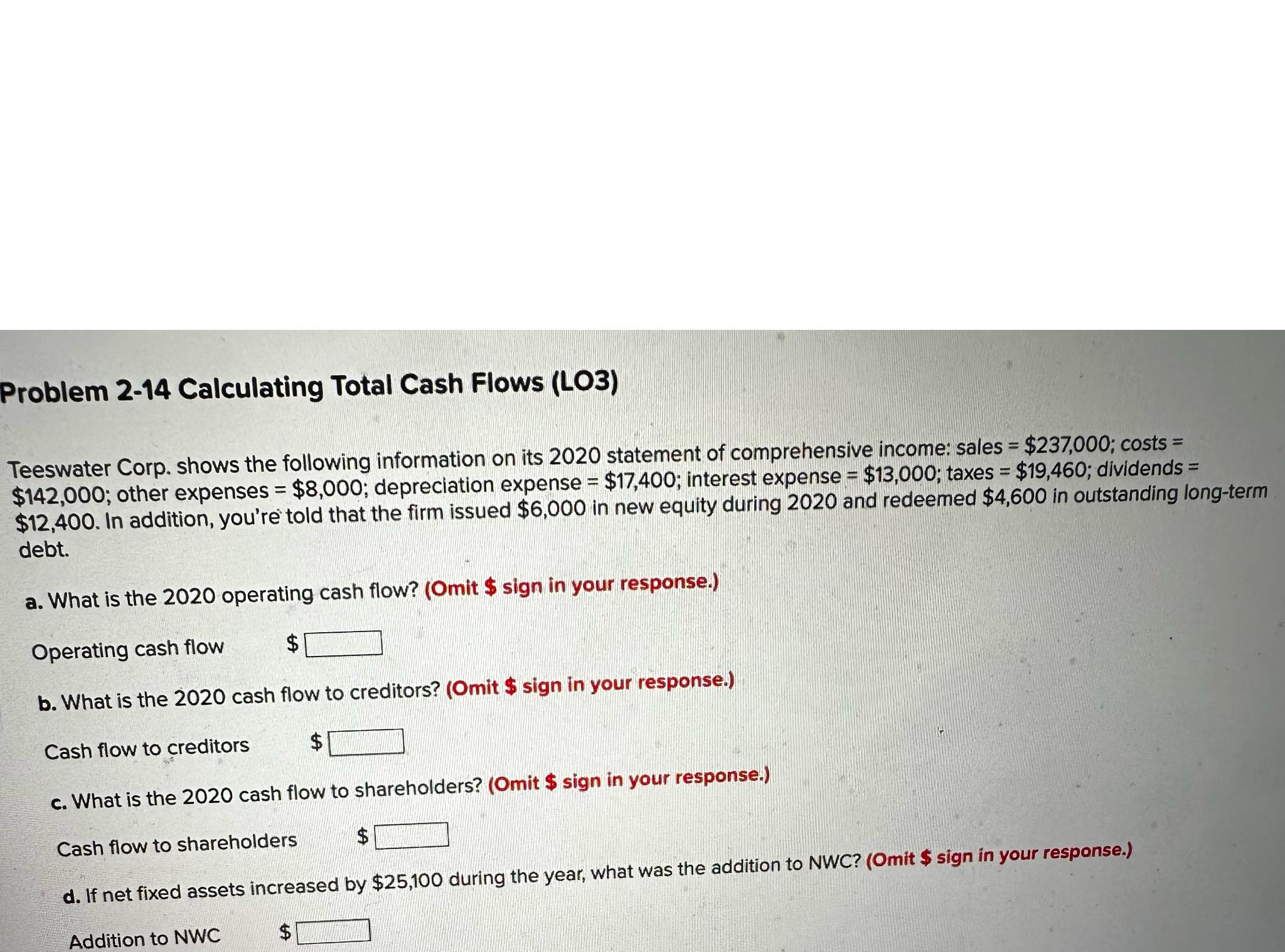 Solved Problem 2-14 ﻿Calculating Total Cash Flows | Chegg.com
