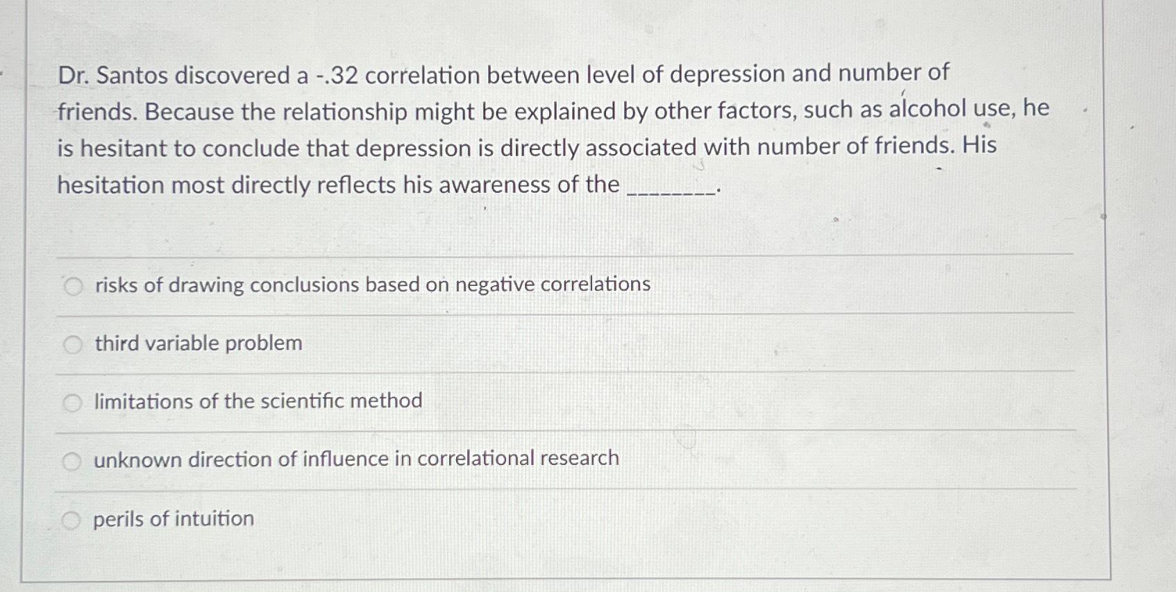 Solved Dr. ﻿Santos discovered a - .32 ﻿correlation between | Chegg.com