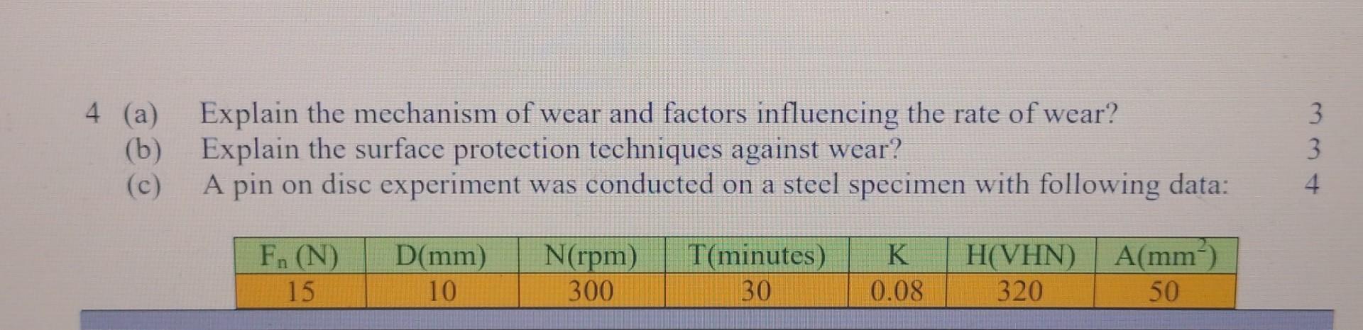 Solved 4 (a) Explain the mechanism of wear and factors | Chegg.com