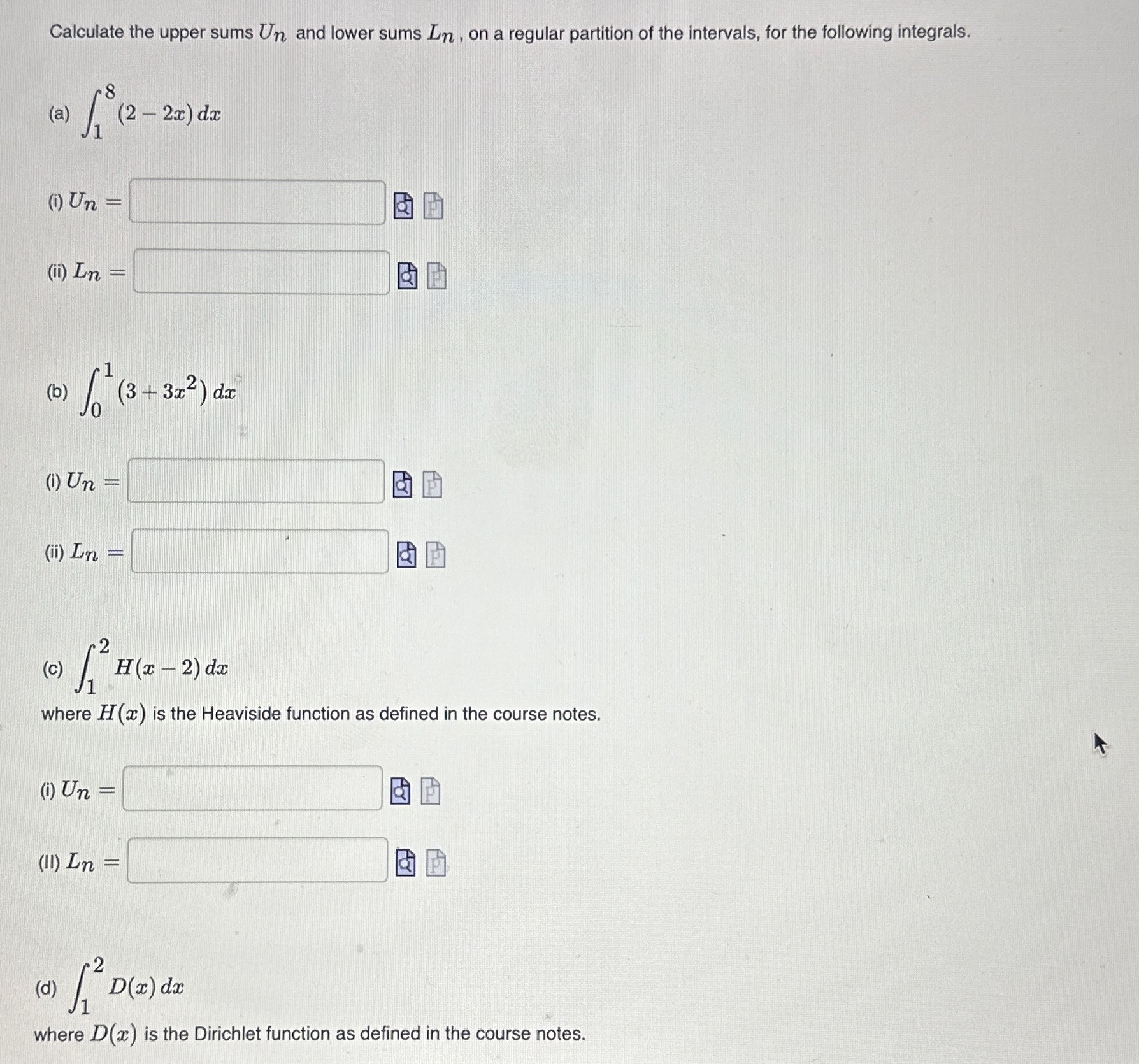 Solved Calculate the upper sums Un ﻿and lower sums Ln, ﻿on a | Chegg.com