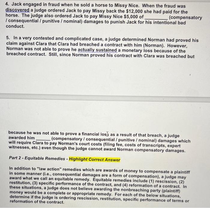 Part 1 - Contract Damages - Highlight Correct Answer | Chegg.com