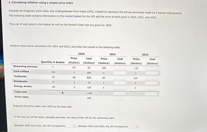 Solved 1. Calculating inflation using a simple price index | Chegg.com