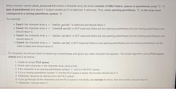 Solved Write a function named check_balanced that checks a | Chegg.com