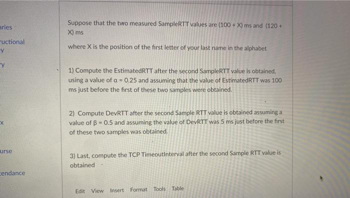 Solved aries Suppose that the two measured SampleRTT values | Chegg.com