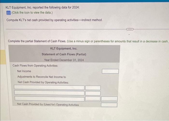 Solved KLT Equipment, Inc. reported the following data for | Chegg.com