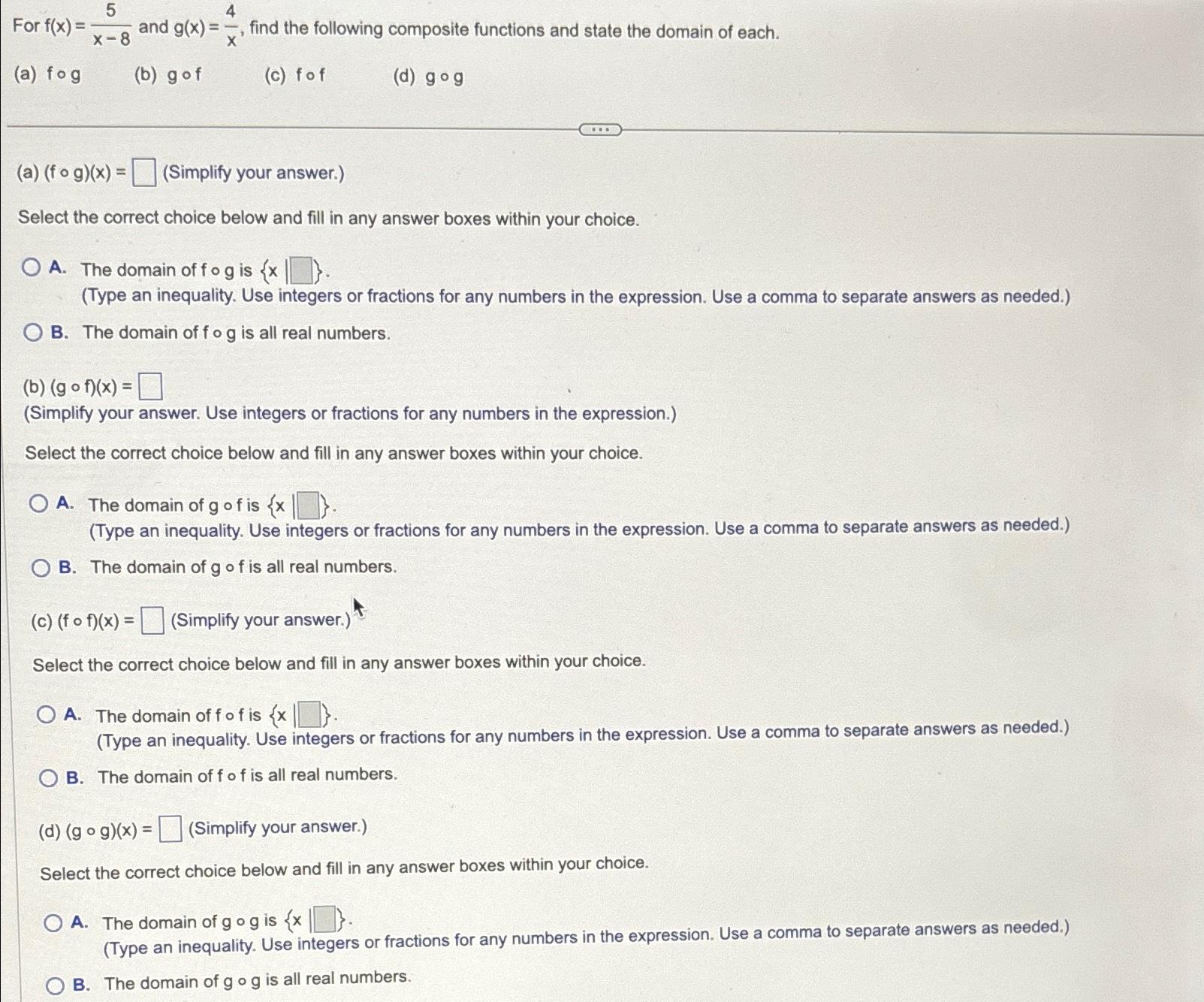 Solved For f(x)=5x-8 ﻿and g(x)=4x, ﻿find the following | Chegg.com
