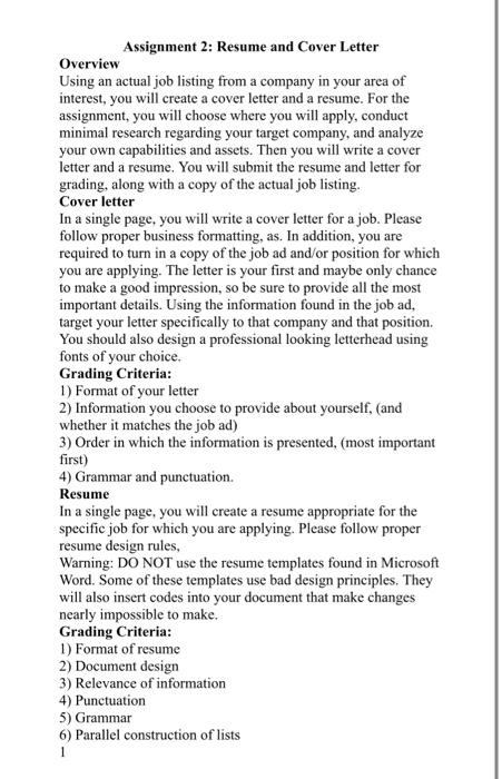 Assignment 2: Resume and Cover Letter Overview Using | Chegg.com
