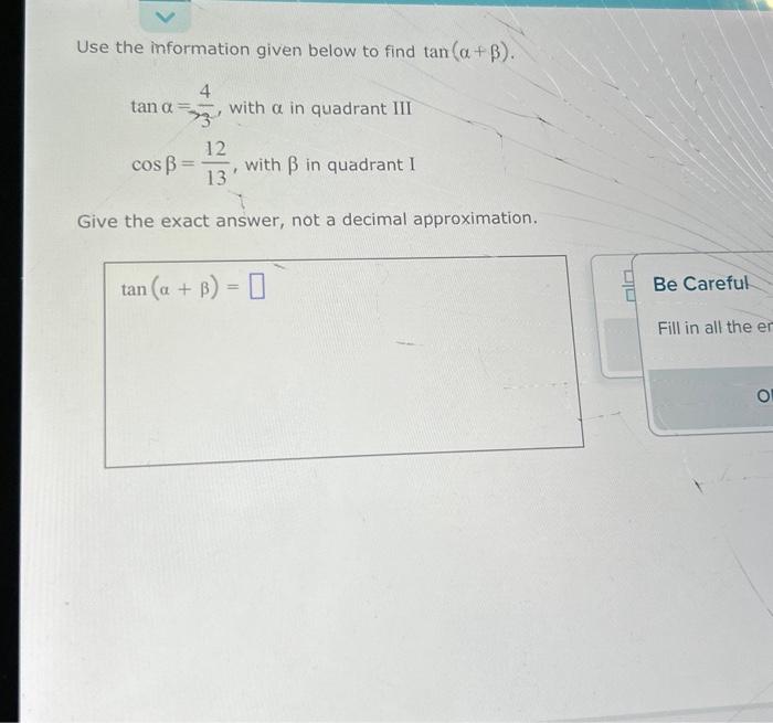 Solved Use the information given below to find tan(α+β). | Chegg.com
