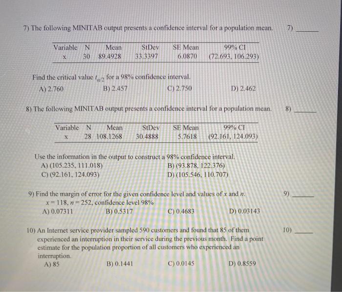 Solved 7) The following MINITAB output presents a confidence | Chegg.com