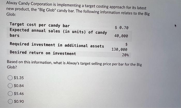 Solved Alway Candy Corporation is implementing a target | Chegg.com