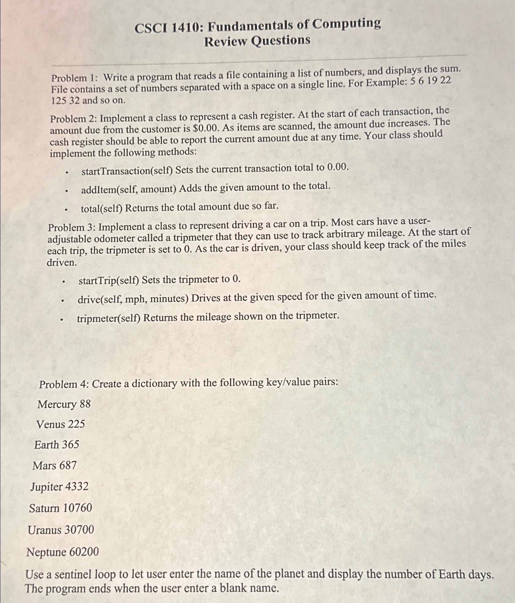 Solved CSCI 1410: Fundamentals of Computing Review | Chegg.com