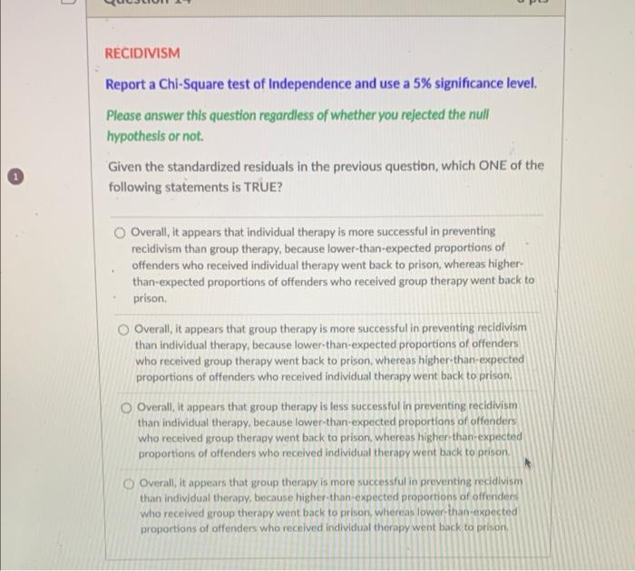 Solved RECIDIVISM Report a Chi-Square test of Independence | Chegg.com