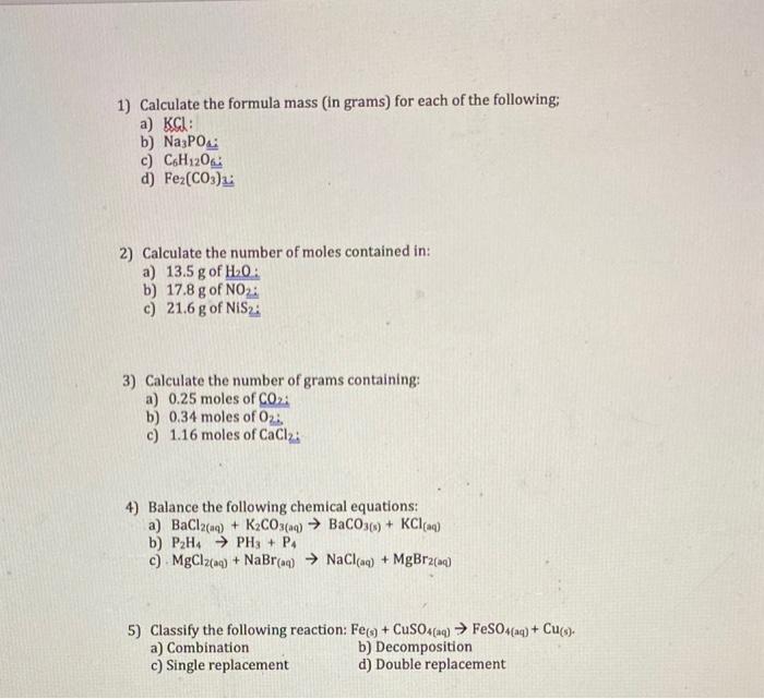 Solved 1) Calculate the formula mass (in grams) for each of | Chegg.com