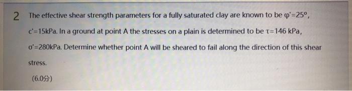 Solved 2 The effective shear strength parameters for a fully | Chegg.com