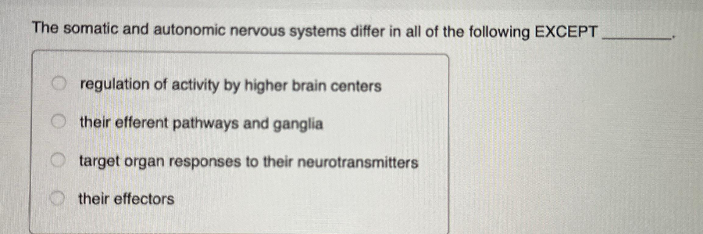 Solved The somatic and autonomic nervous systems differ in | Chegg.com