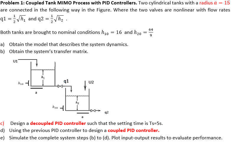 Solved Problem 1: Coupled Tank MIMO Process with PID | Chegg.com