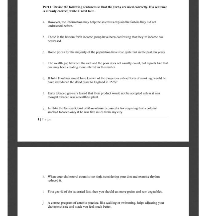 Part 1: Revise the following sentences so that the | Chegg.com