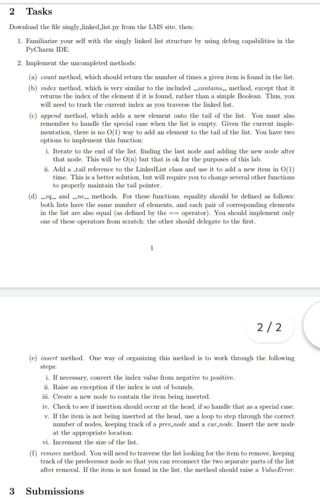 2 Tasks Download the file singly_linked_list.py from | Chegg.com