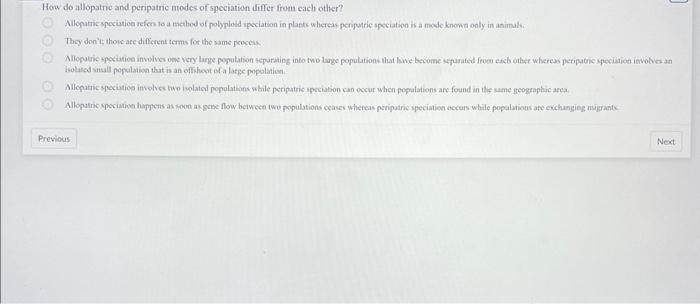 Solved How do allopatnic and peripatne modes of speciation | Chegg.com