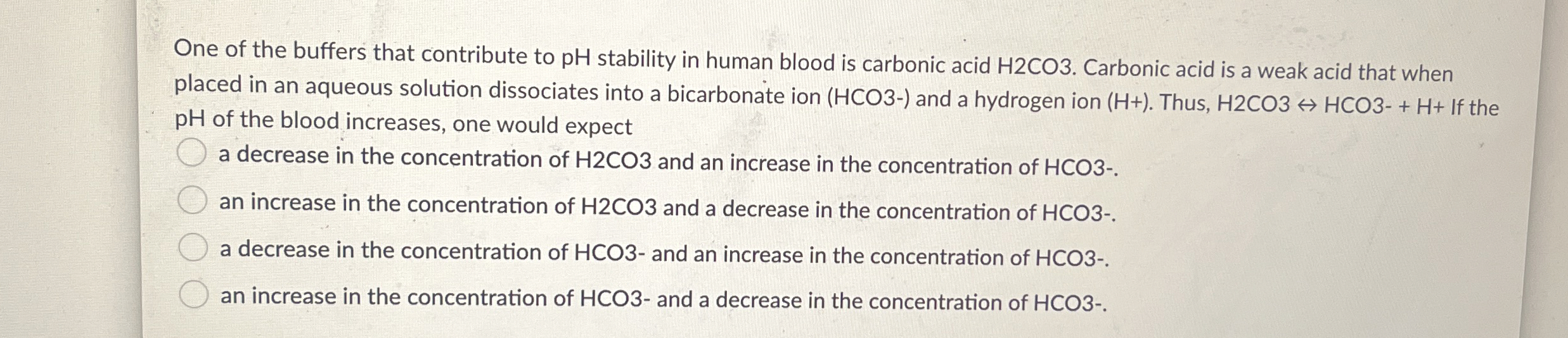 One of the buffers that contribute to pH stability in | Chegg.com