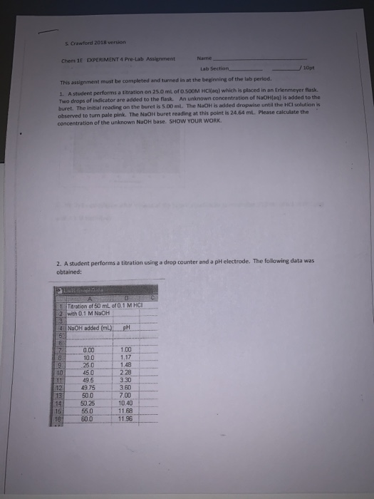 Solved S Crawford 2018 version Name EXPERIMENT 4 Pre-Lab | Chegg.com