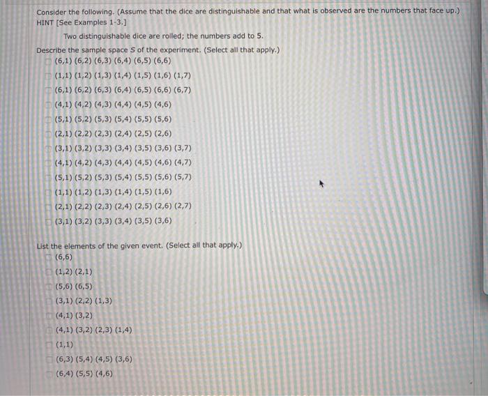 Solved Consider the following. (Assume that the dice are | Chegg.com