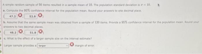Solved A simple randorn sample of 50 items resuited in a | Chegg.com