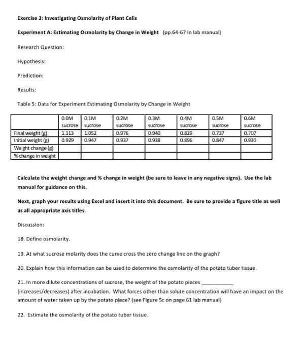Solved Exercise 3: Investigating Osmolarity of Plant Cells | Chegg.com