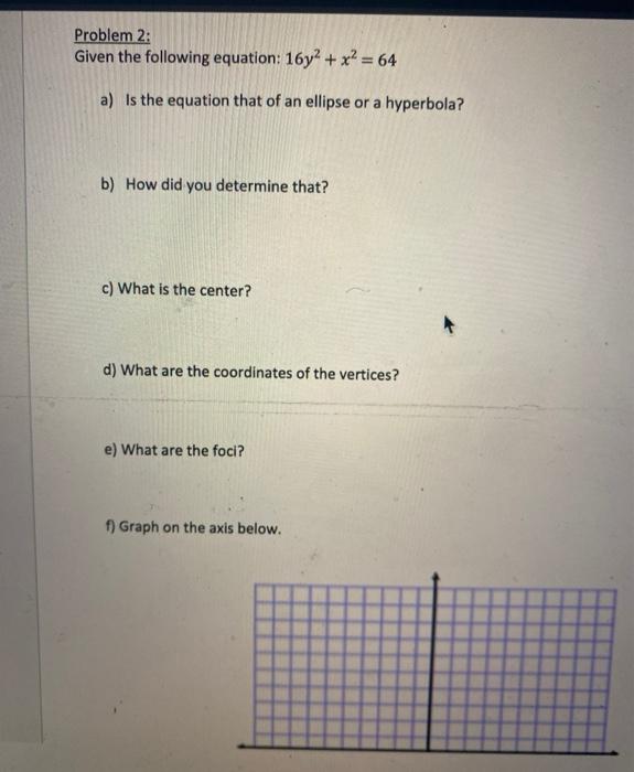 Solved Problem 2: Given the following equation: 16y2 + x2 = | Chegg.com